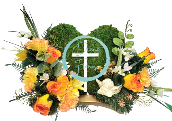 Trauergesteck aus künstliche Rosen, Nelken, Engel, Mooskranz und ...