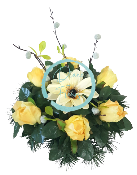 Žalobni aranžman umjetne ruže, cica mace, clematis i dodaci Ø 25cm x ...